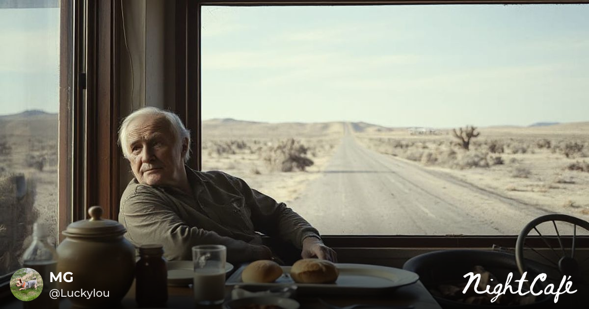 Man Gazes Out Diner Window at Desert Road - AI Art