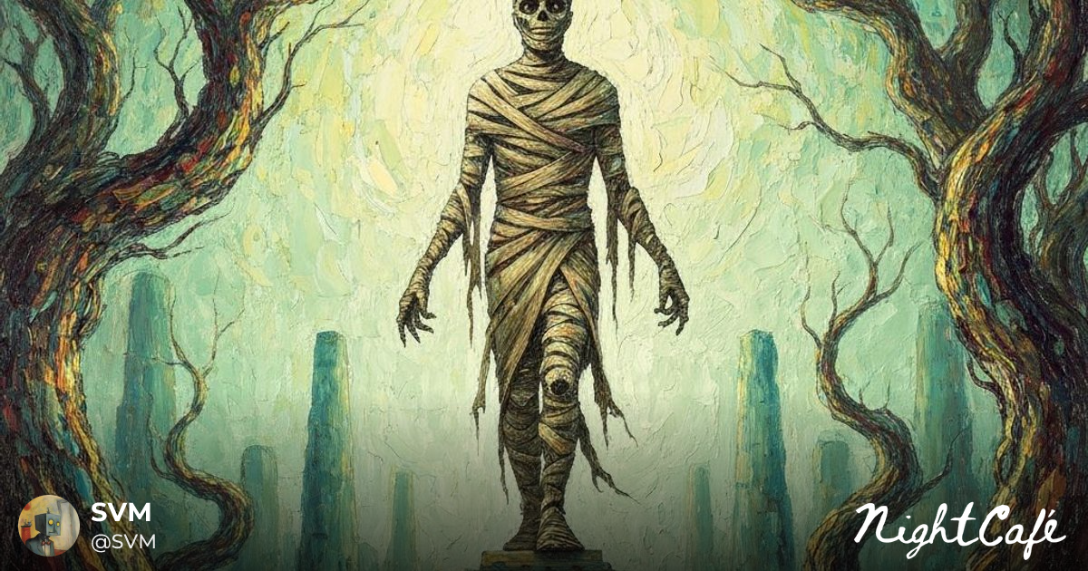 Mystical Mummy on Ancient Temple in Gouache Style - AI Art