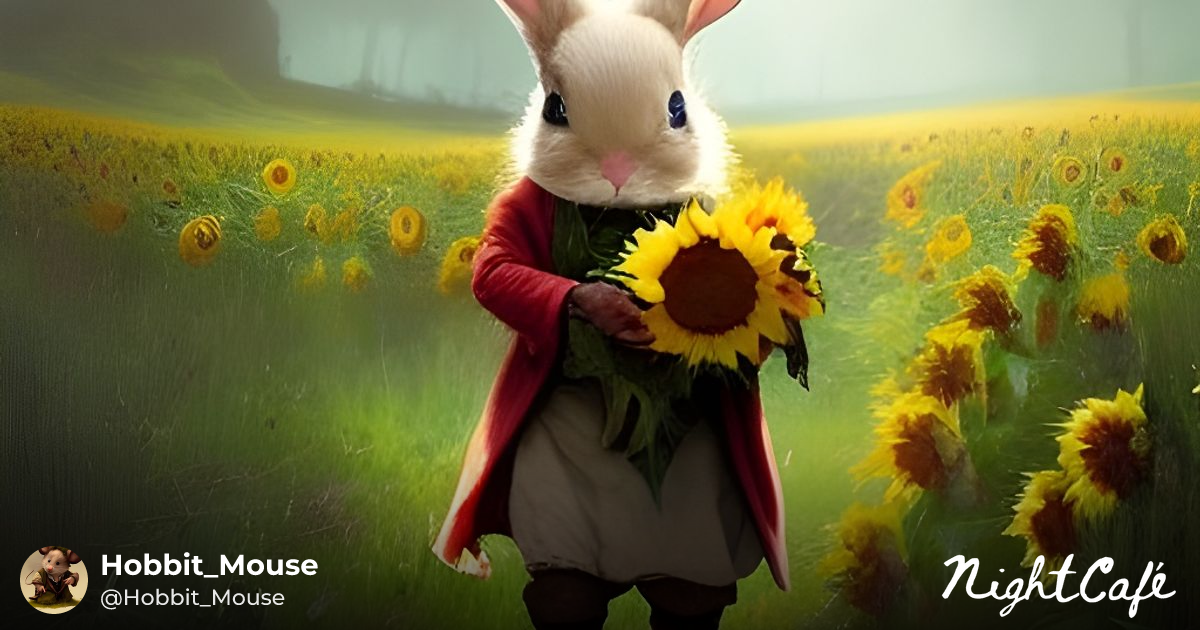 Hobbit bunny holding a huge sunflower
