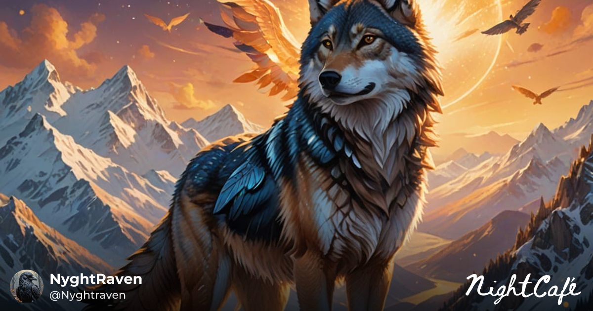 Full shot. A majestic, winged wolf with feathers of pure starlight ...