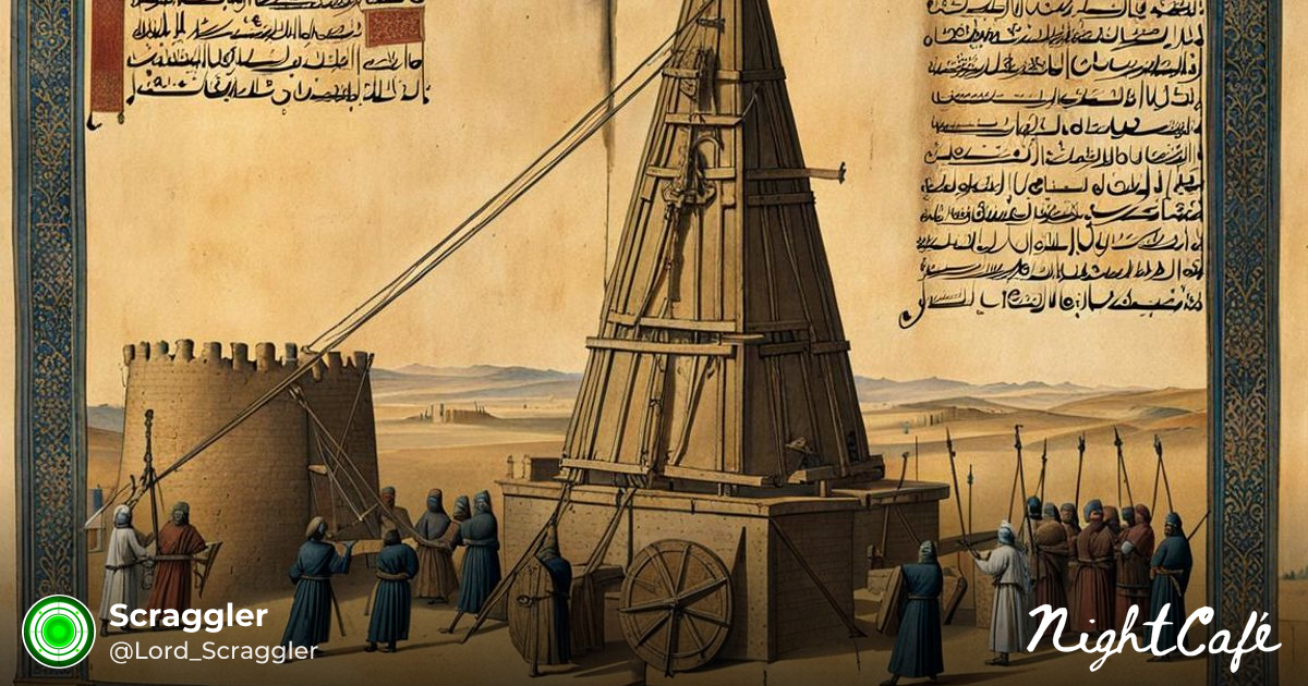 14th Century document showing a counterweight trebuchet used in a siege.