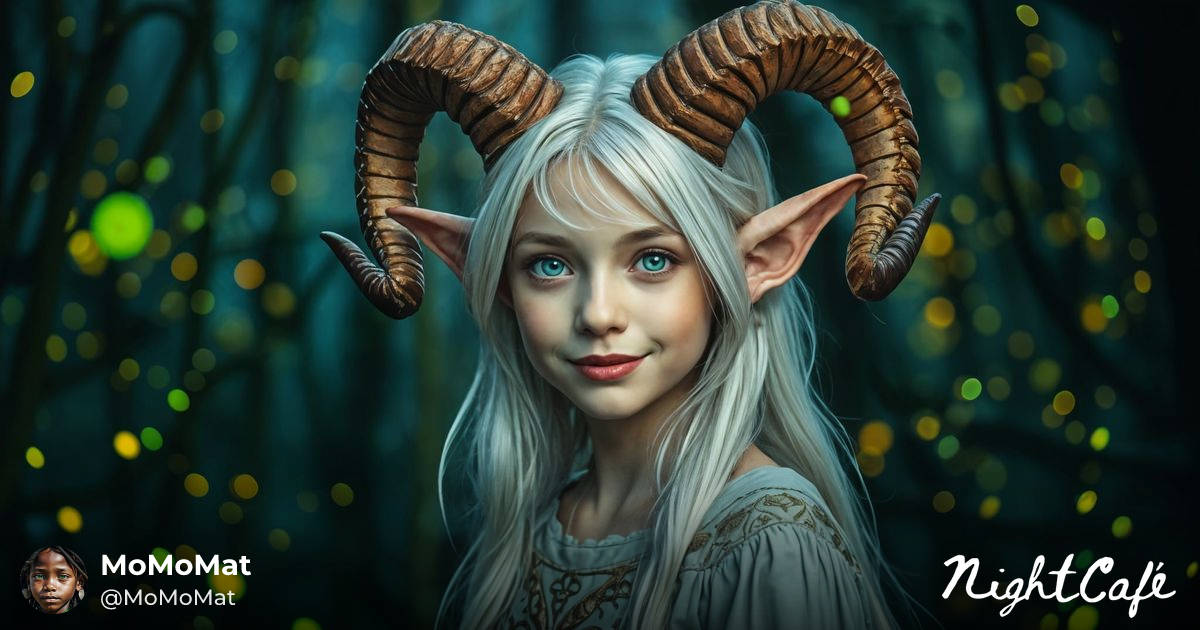 Little Horned Goddess - Smiling Elf Goddess with Ram Horns i...