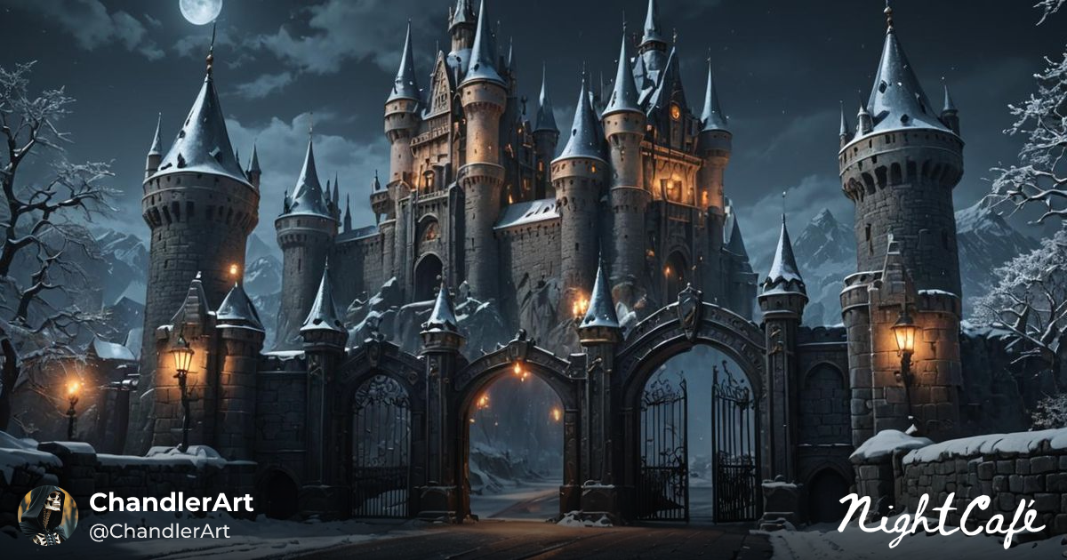 Imposing Dark Castle Gates in Winter Night - AI Art
