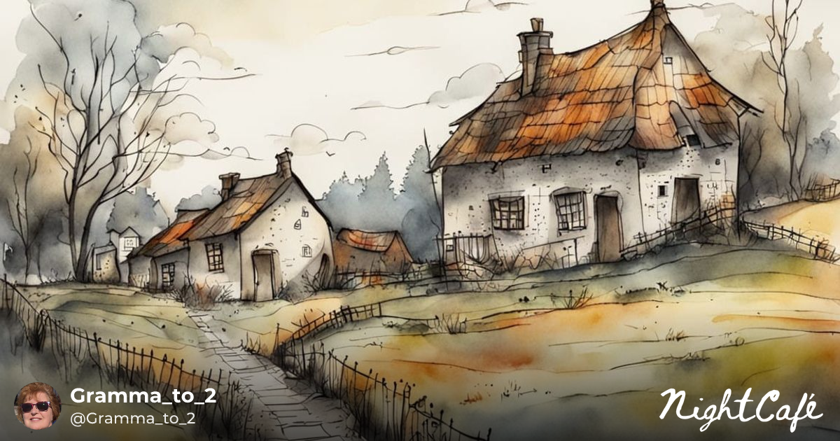 Whimsical sketchy cottages in ink and wash.
