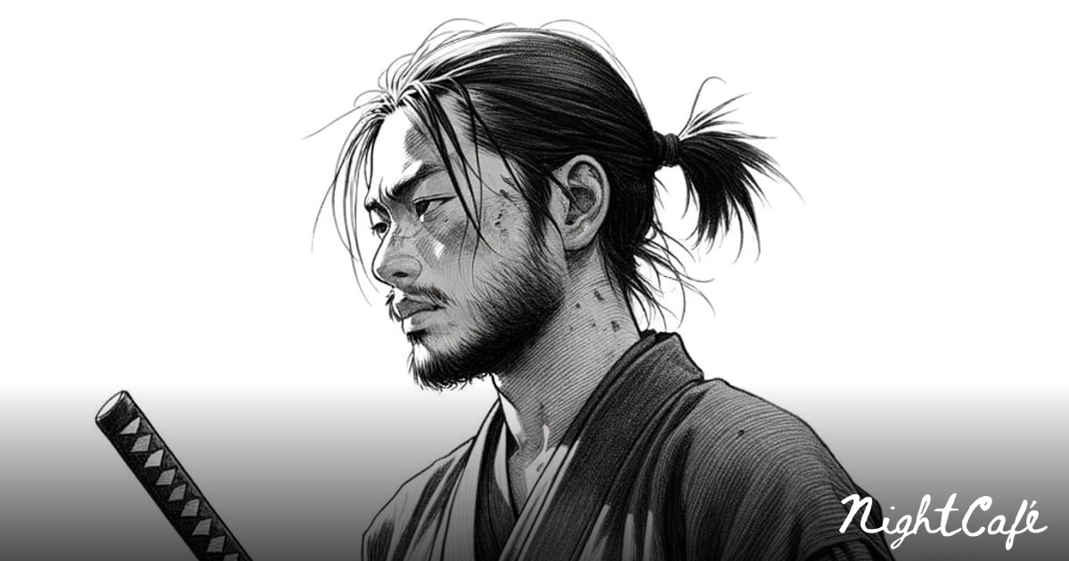 Blind Samurai in Field, Exhausted, Pencil Sketch S... - AI Art