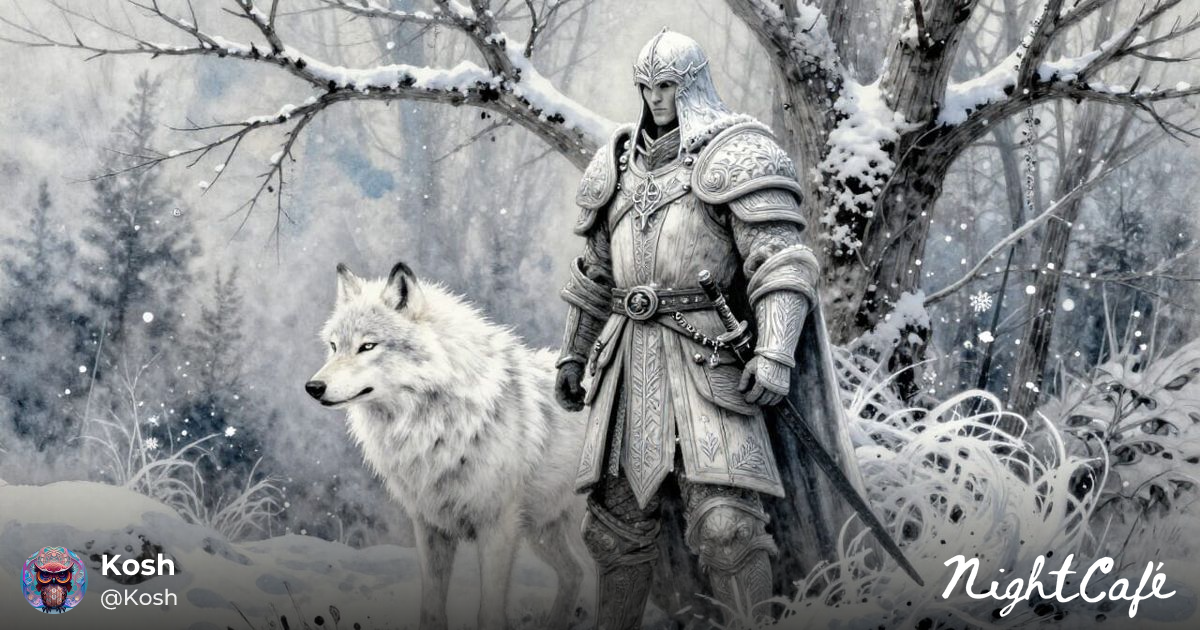 Winter Guardian with Snow-Wolf Spirit in Charcoal - AI Art