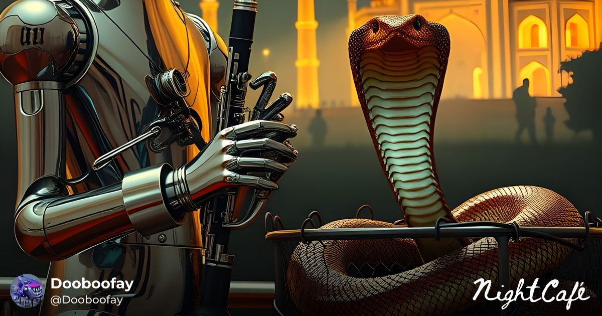 Shiny Chrome Robot Snake Charmer Plays Clarinet in... - AI Art