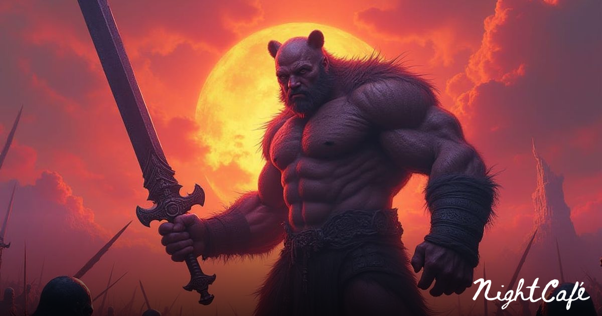 Dark Fantasy Warrior Battles Undead Hordes Under B... - AI Art