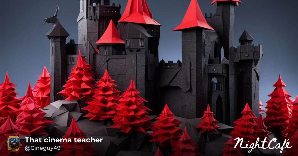 Black and red origami castle in the rocks