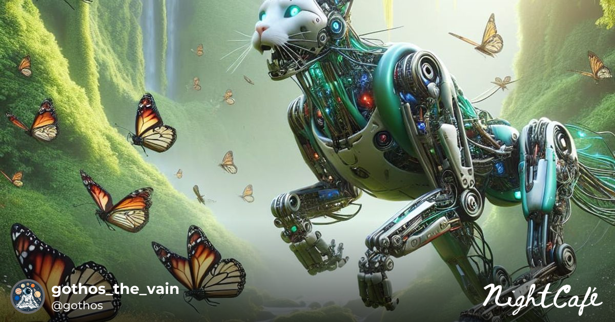 Robotic Cat Chasing Cyborg Butterflies in Meadow - AI Art