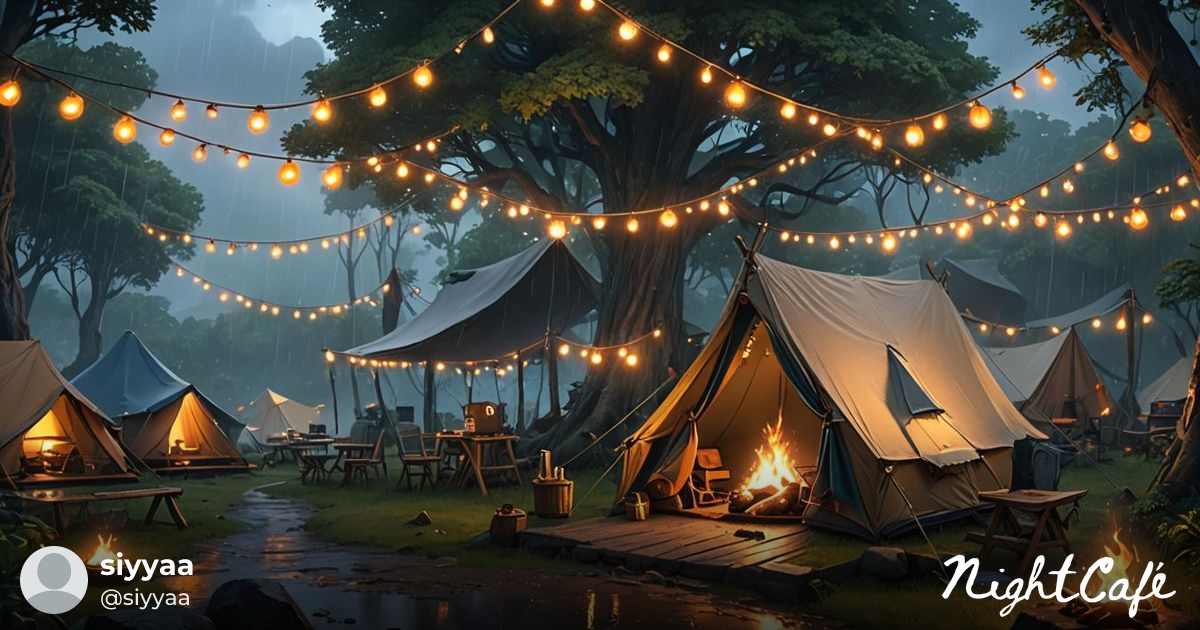 Anime Camping Scene with Bonfire and Fairy Lights - AI Art