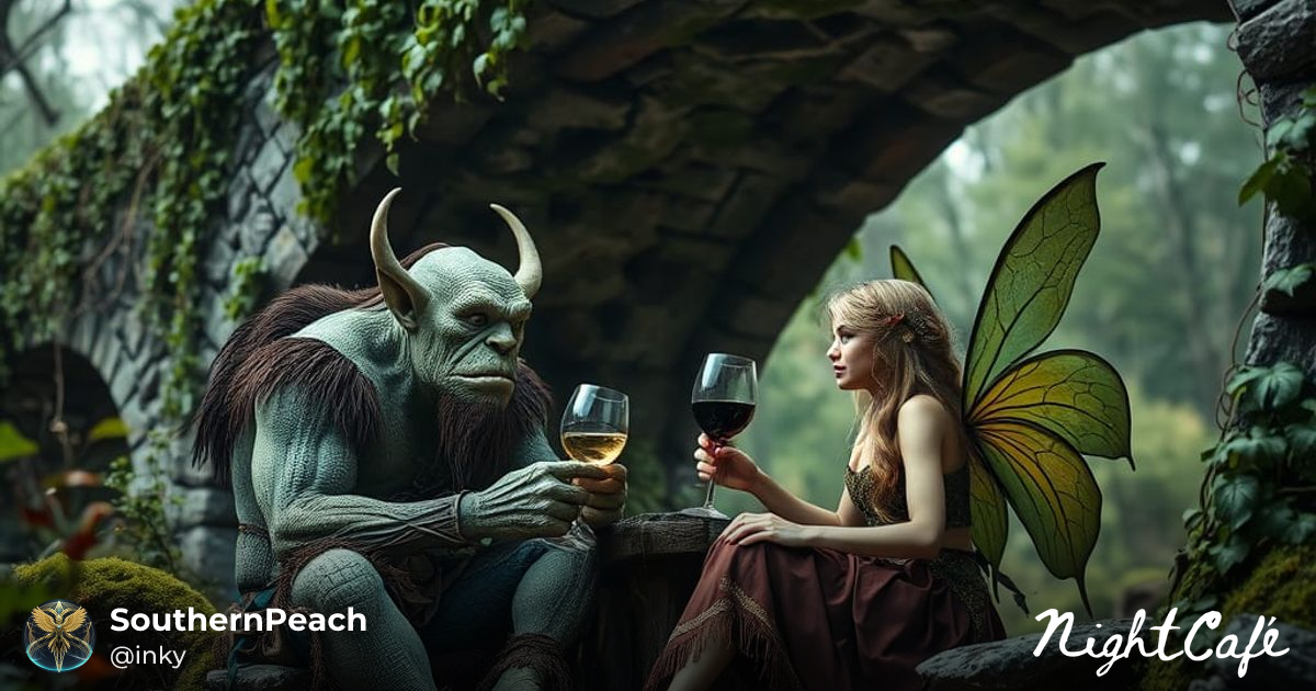 Ogre and Fairy Drinking Wine Under Bridge - AI Art