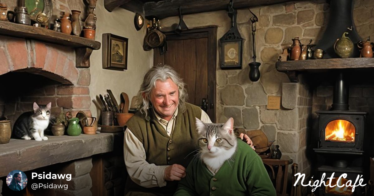 Hobbit Innkeeper and Cats at The Green Dragon Inn - AI Art
