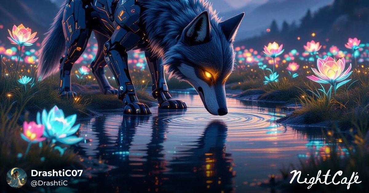 Hyper-realistic scene - Robotic Wolf in Alien Meadow, Hyper-...