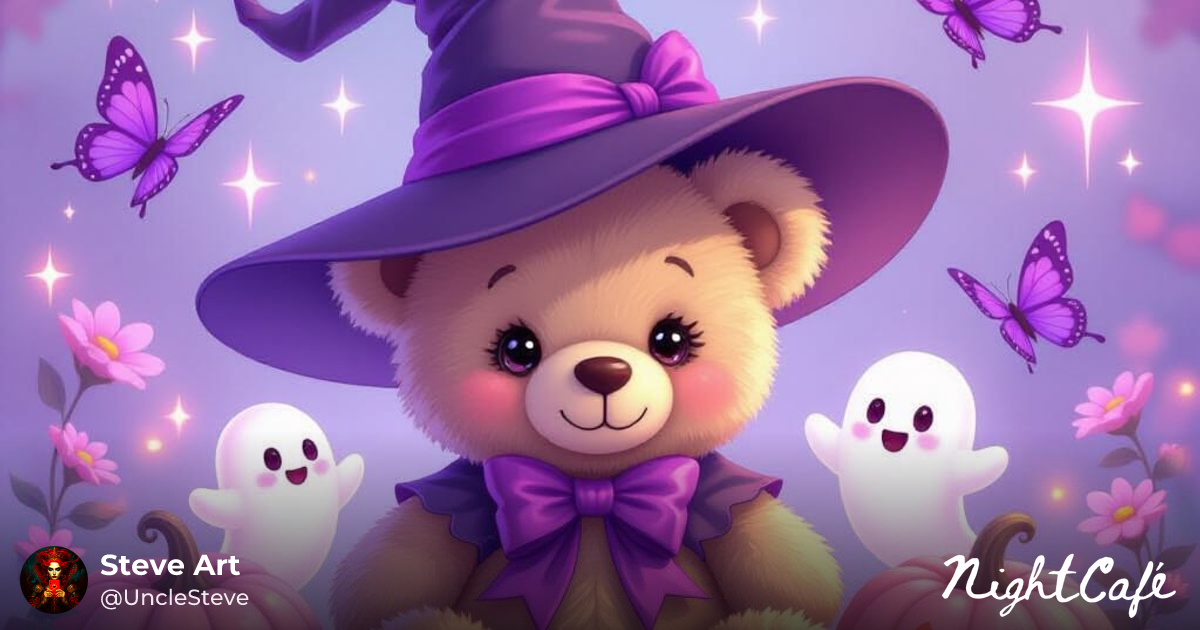 Cute Witch Teddy Bear with Pink Pumpkins and Rainb... - AI Art