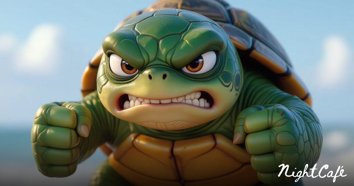 Angry Baby Turtle with Clenched Fists, Hyperrealis... - AI Art