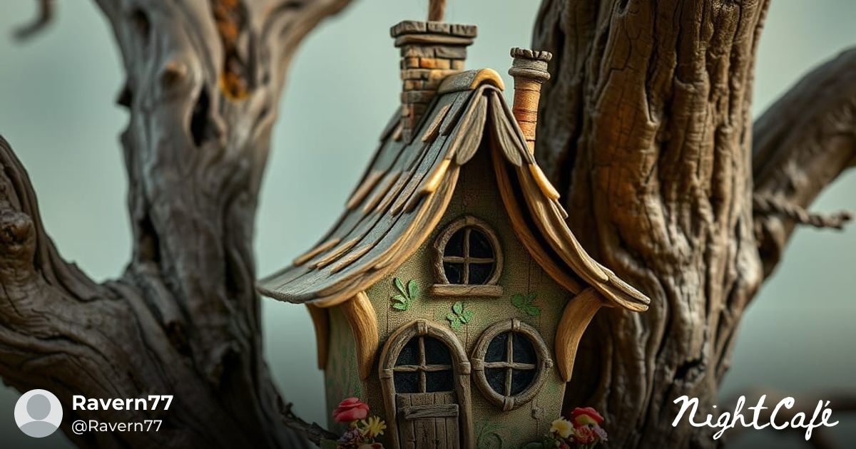 Fairytale Cottage Birdhouse on Gnarled Tree - AI Art