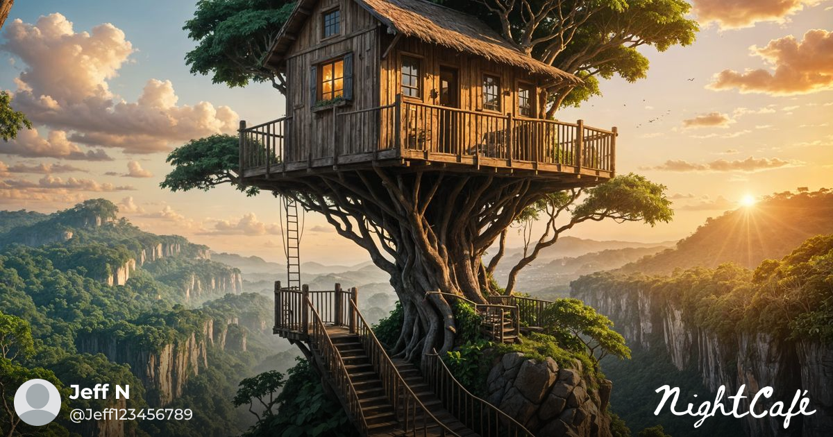 Exotic Jungle Cliffside Treehouse at Sunset - AI Art