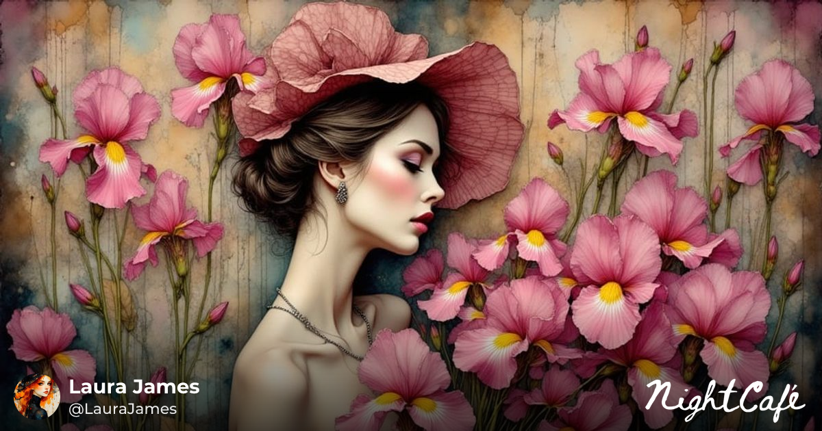 Pink Iris - Elegant Woman in Art Nouveau Surrealism