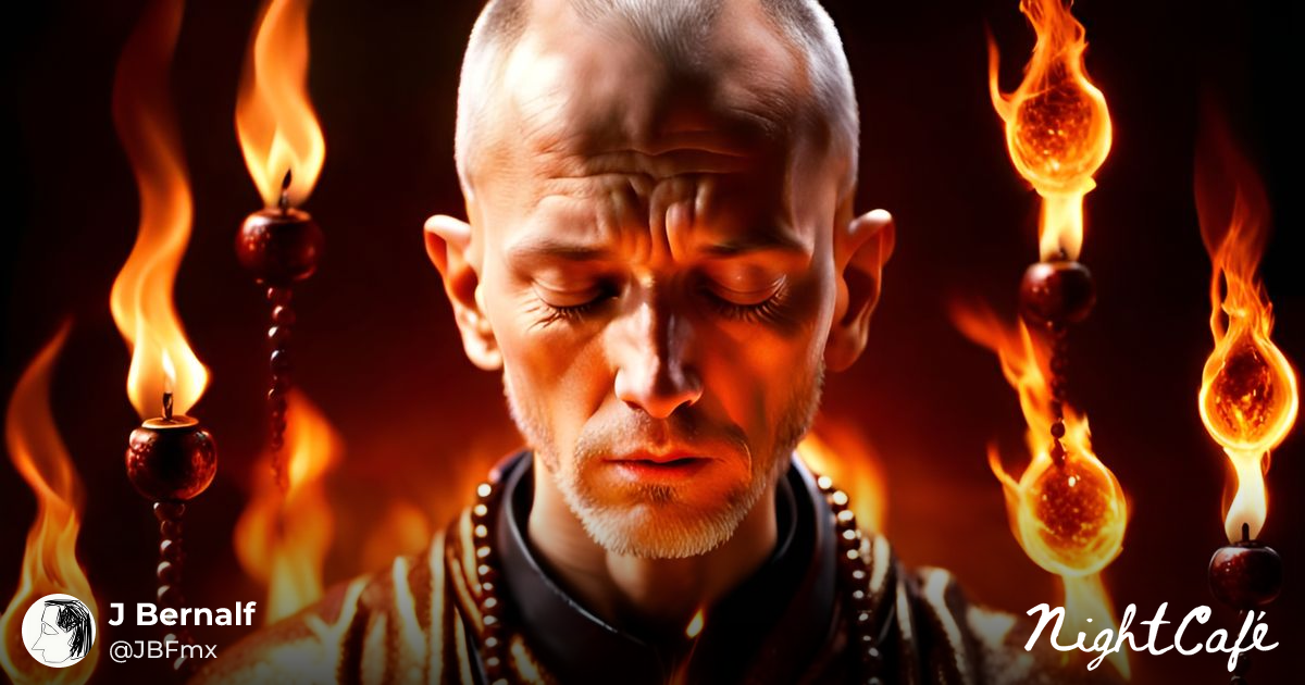 Praying Monk - Flaming Monk Praying with Rosary of Light