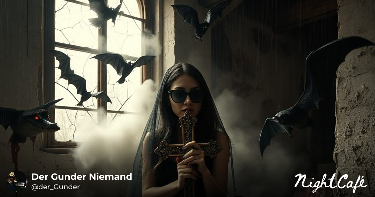A goth fashion model with black sunglasses in dark surreal scene