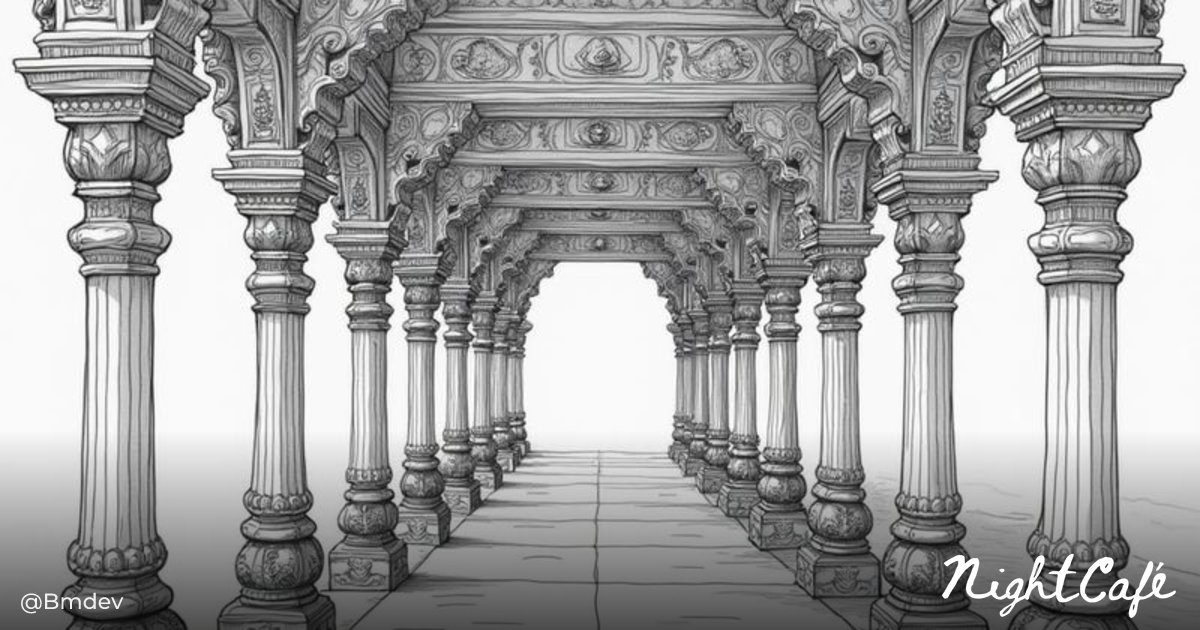 South Indian Temple Architecture in Line Drawing - AI Art