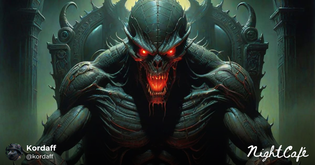 a snake faced demon scowling with its eyes glowing red and razor sharp ...