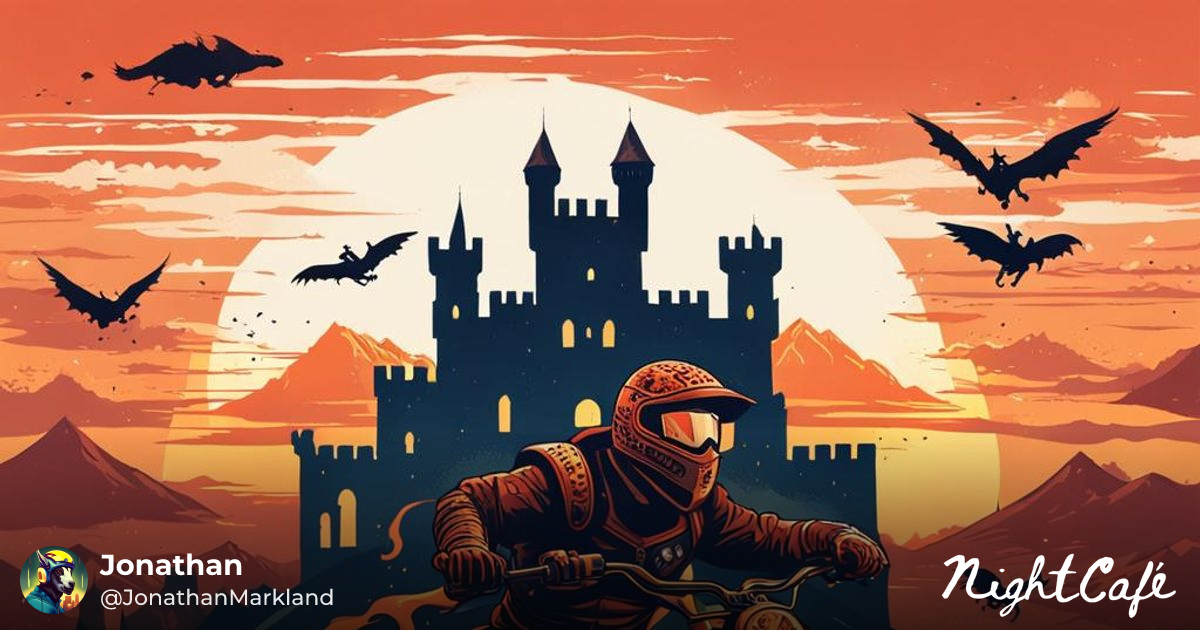 epic dirt bike chase with horned silhouette riders chased by giant ...