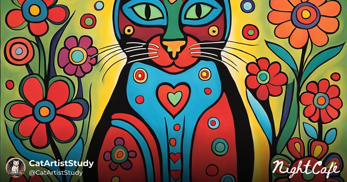 Norval Morrisseau - Cat on Pillow in Indigenous Folk Art Sty...