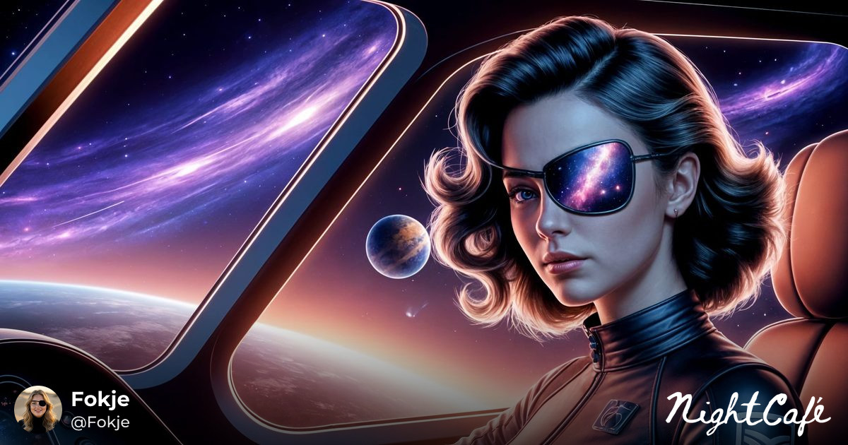 Female space explorer with galaxy eyepatch sitting in the cockpit of ...