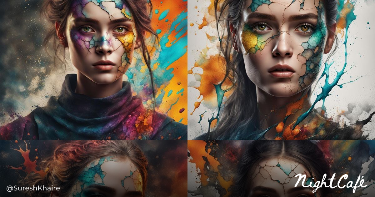 Marble-Skinned Girl Portrait with Colorful Ink Spl... - AI Art