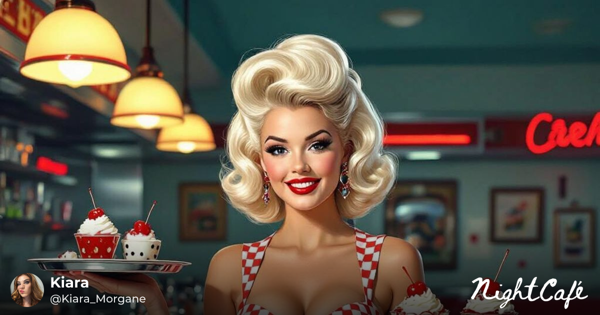 A rockabilly diner waitress with a towering platinum blonde bouffant ...