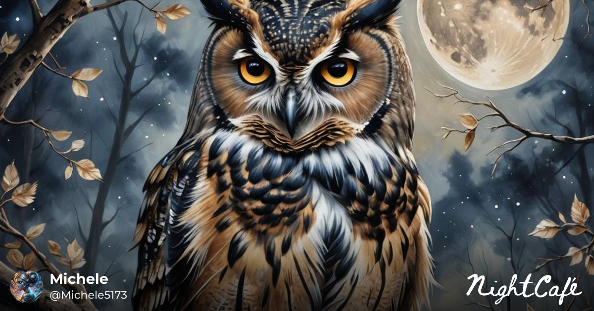 Nocturnal Animals - Owl - Moonlit Owl Portrait in Mixed Medi...