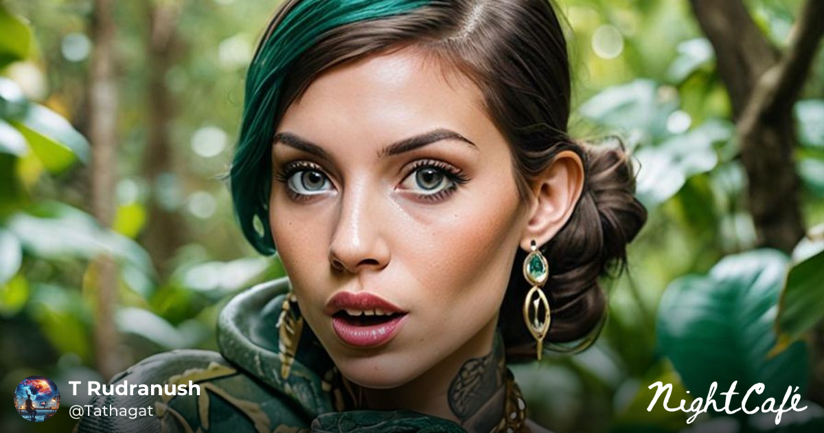 photograph, candid shot of a tattooed woman with an emerald reticulated ...