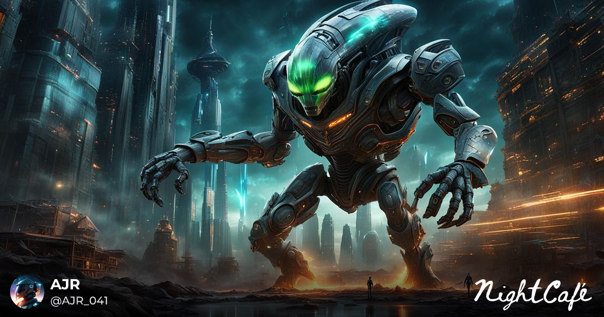 Alien vs Robot: Surreal Battle in Dreamlike Landsc... - AI Art