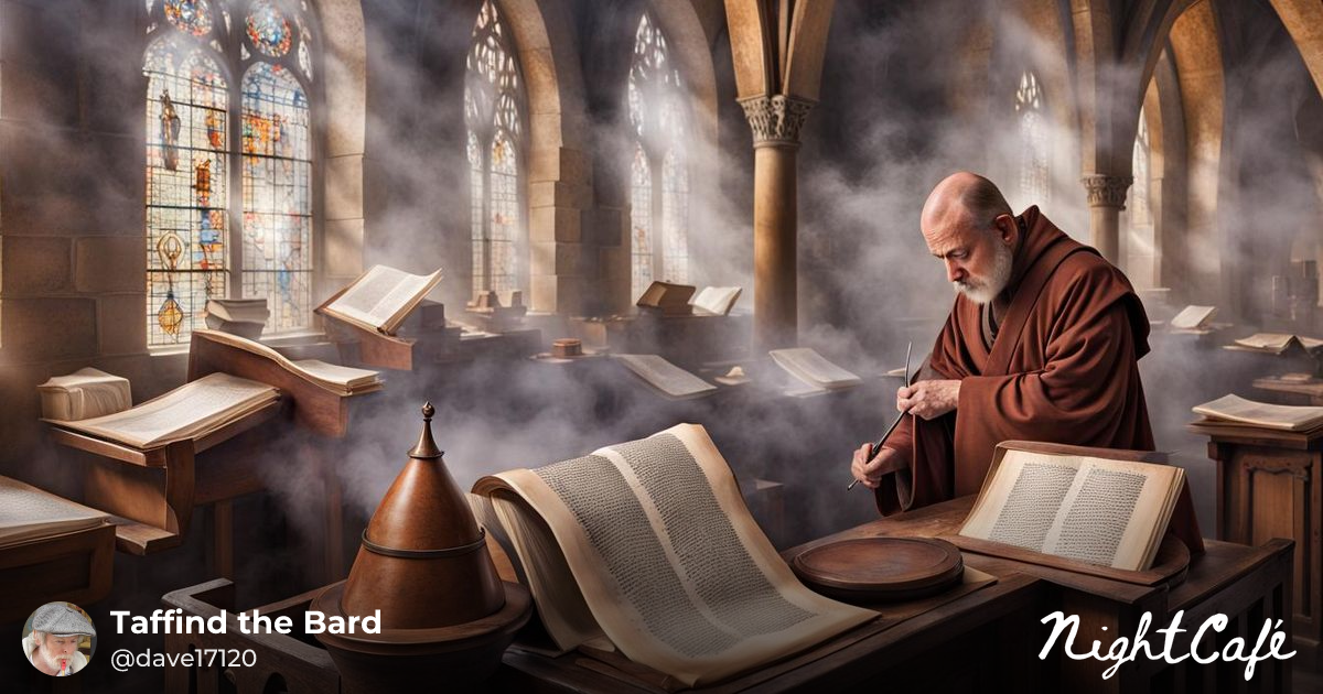 Ethereal Scriptorium: Monk at Work in Fantasy Libr... - AI Art