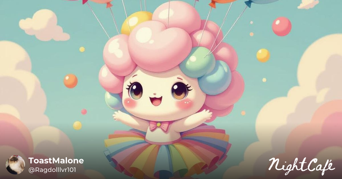 Cotton Candy Creature Carried by Balloons in Whims... - AI Art