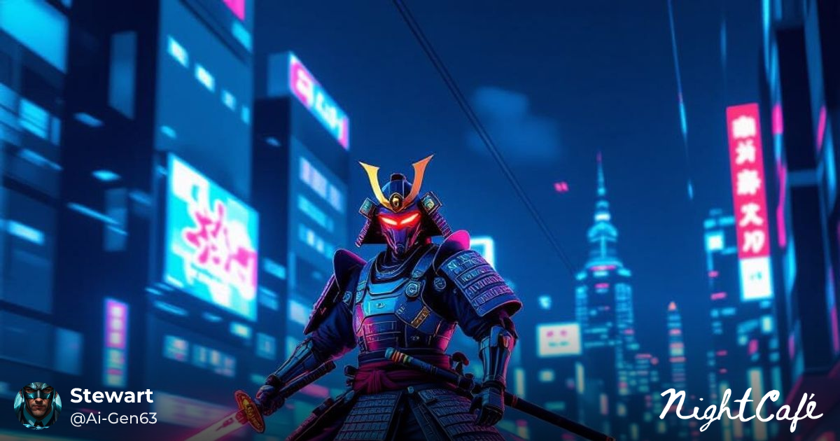 Cyborg Samurai on Bullet Train in Cyberpunk City - AI Art