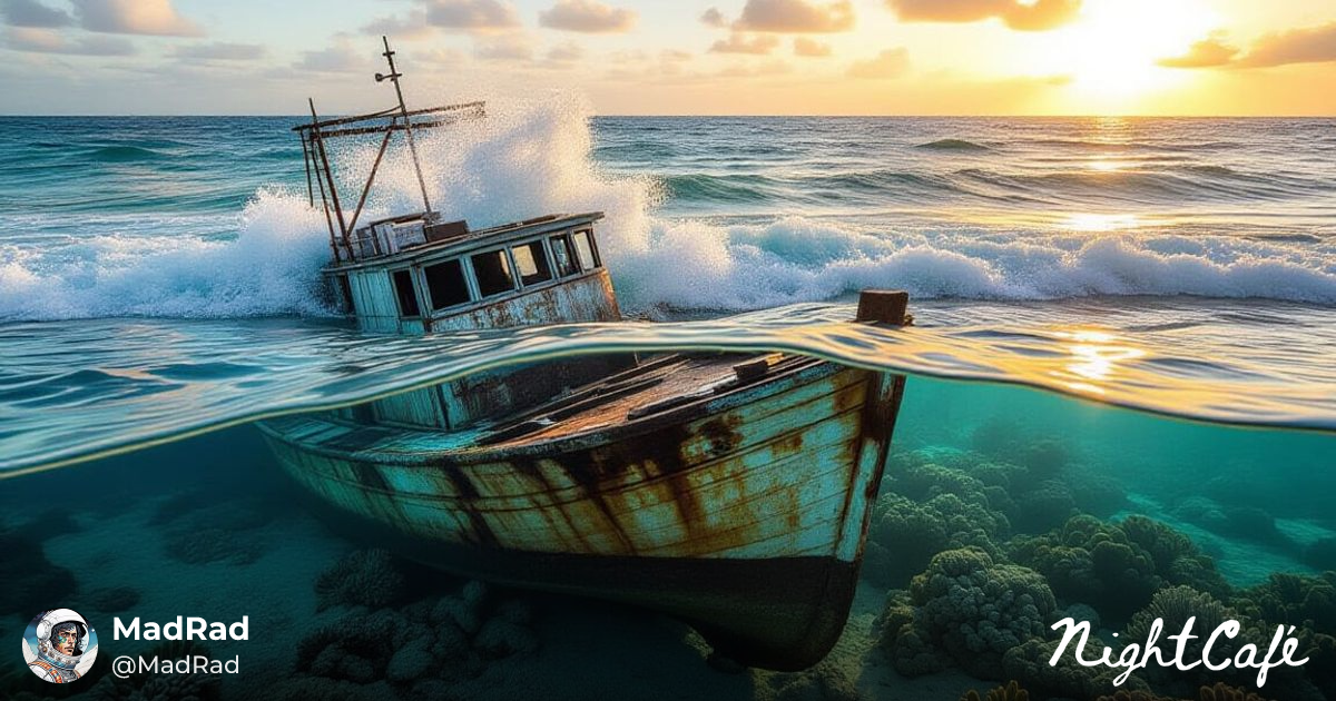 Partially submerged, a rusted wrecked boat nestled among vibrant coral and colorful marine life ...