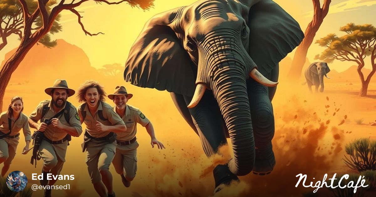 Safari Adventurers Flee Rampaging Elephant in Dram... - AI Art