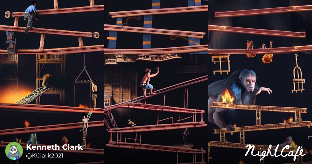 A Man Climbing a Ladder Labyrinth to Save a Princess from a Giant Ape ...