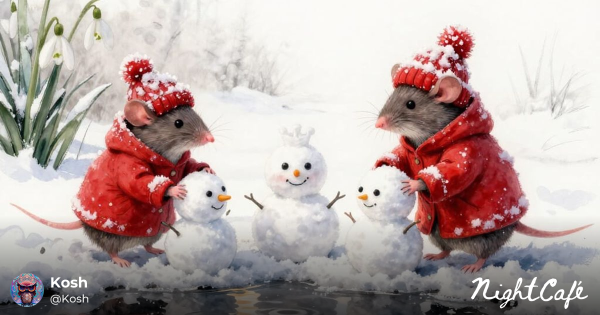 Mice Build Snow Family at Snowy Sunset - AI Art