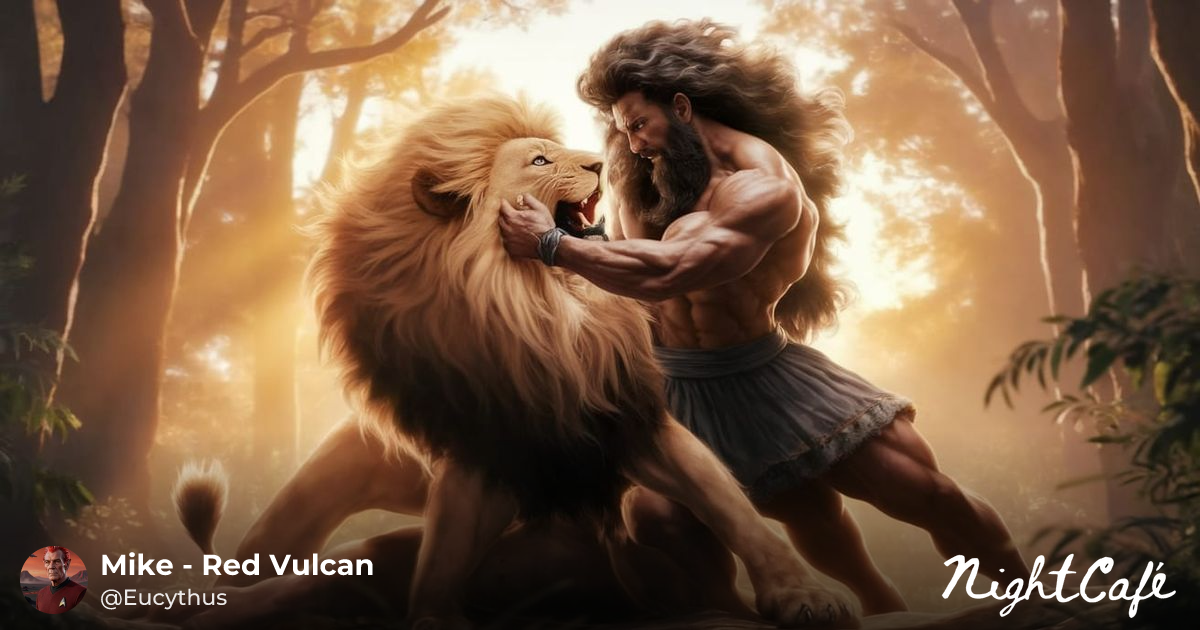 Samson, with his muscular arms and determined expression, locks eyes ...