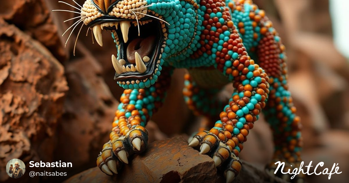 Sabertooth - Beaded Sabertooth Cat Figurine on Rocky Ledge