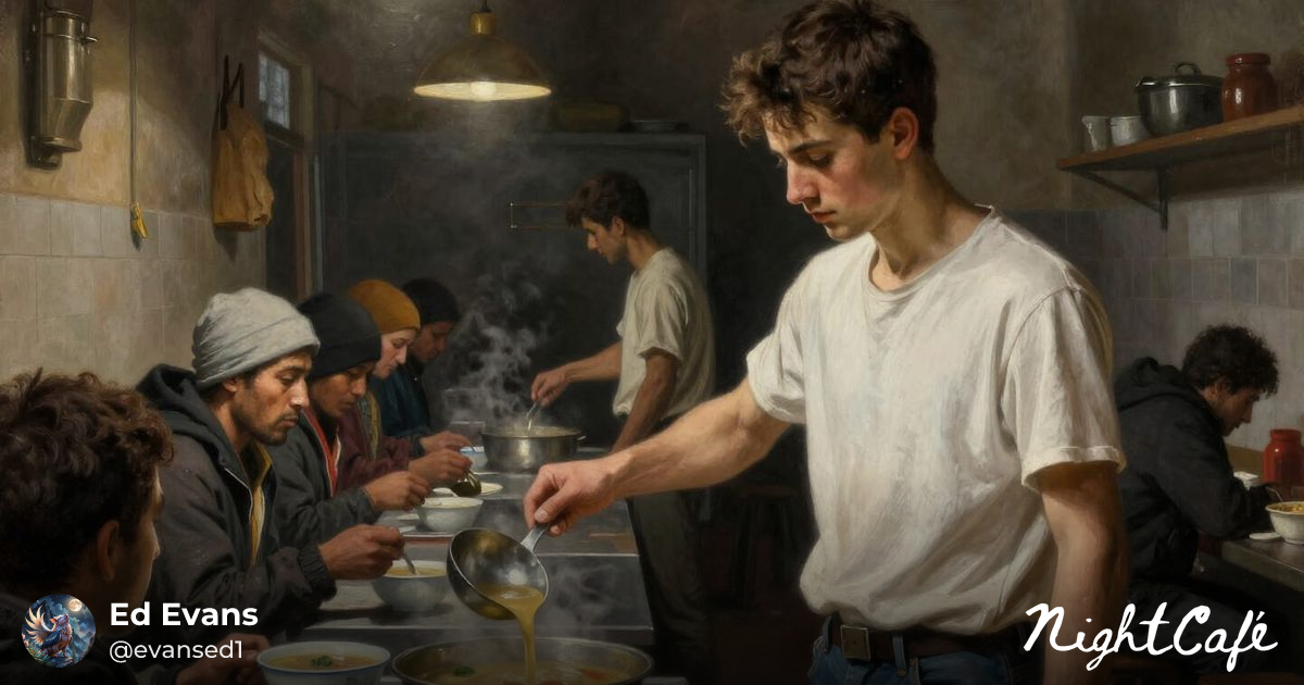 Man Serves Soup to Homeless in Somber Kitchen - AI Art