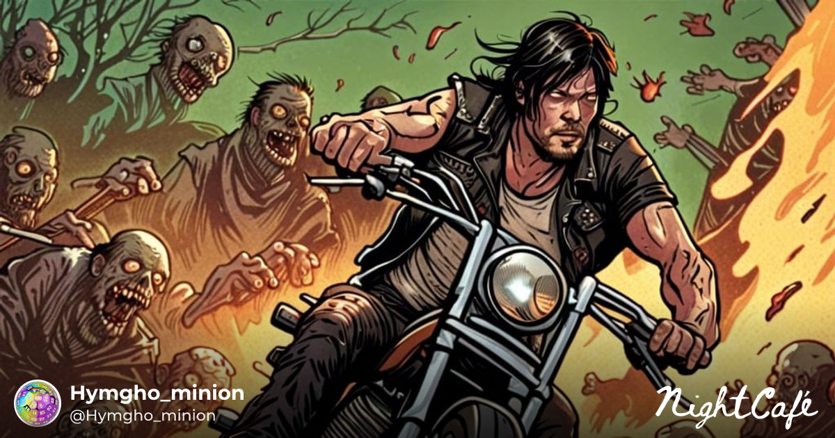Daryl Dixon riding a motorcycle being pursued by zombies