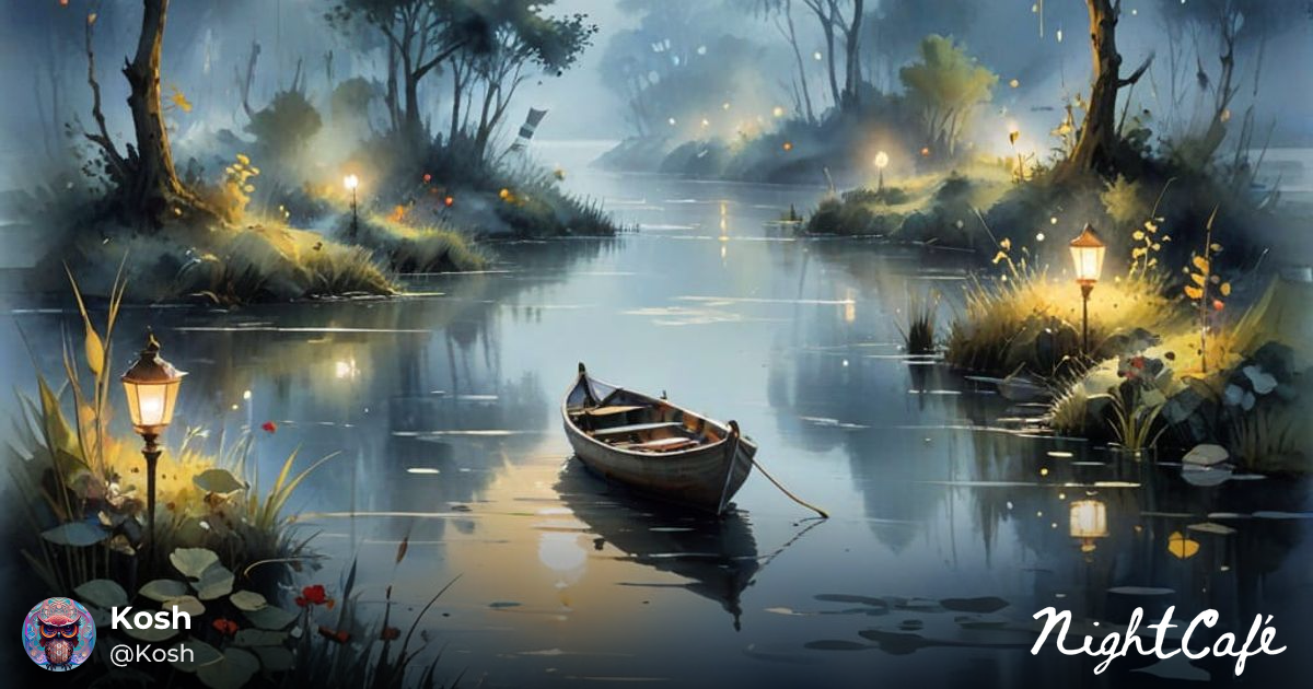 Ethereal Moonlit Swamp with Lantern Boats, in Wate... - AI Art