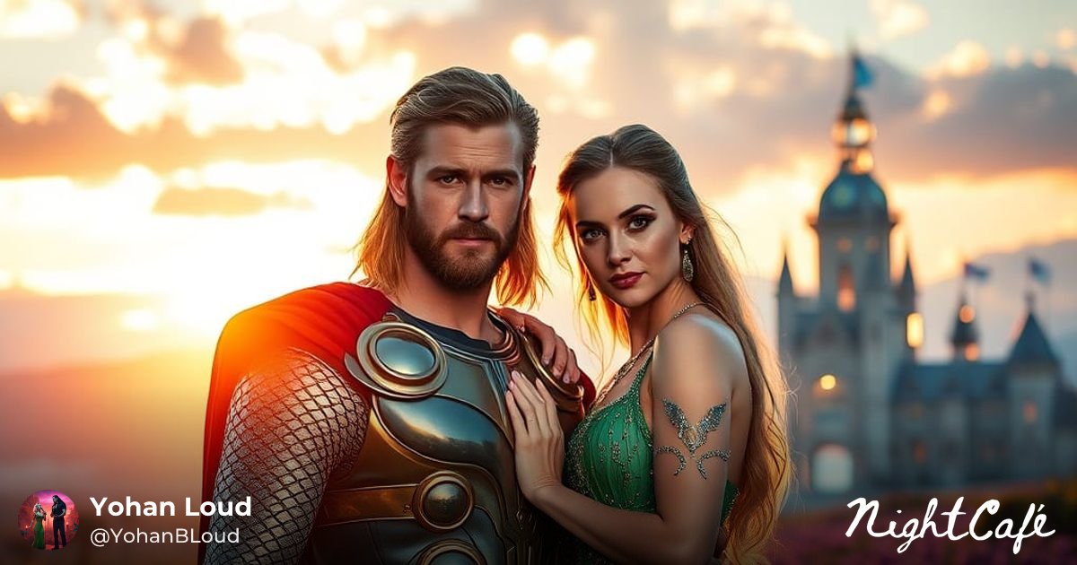 Thor and Princess Tara Pose in Lush Lupine Field - AI Art