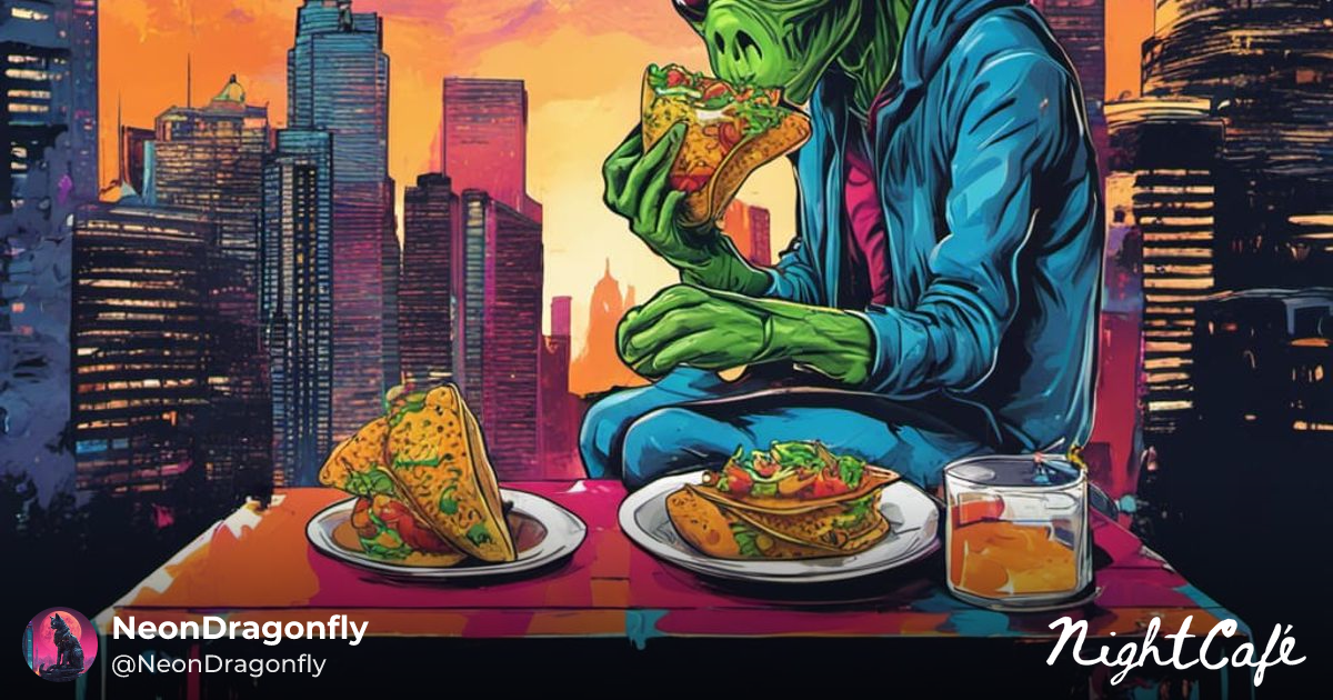 Alien with Taco Craving - Alien Eats Taco in City, Graffiti ...