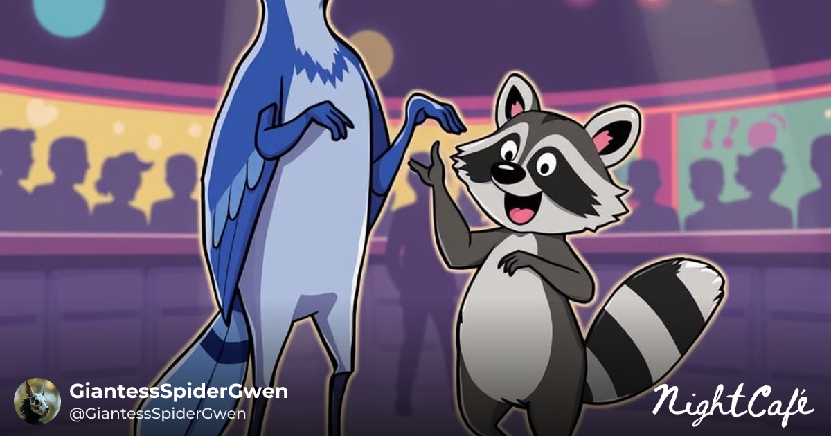 Cartoon Blue Jay and Raccoon Dancing in a Club - AI Art